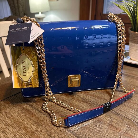 Arcadia | Bags | Arcadia Patent Leather Crossbody Bag Gold Chain Blue ...